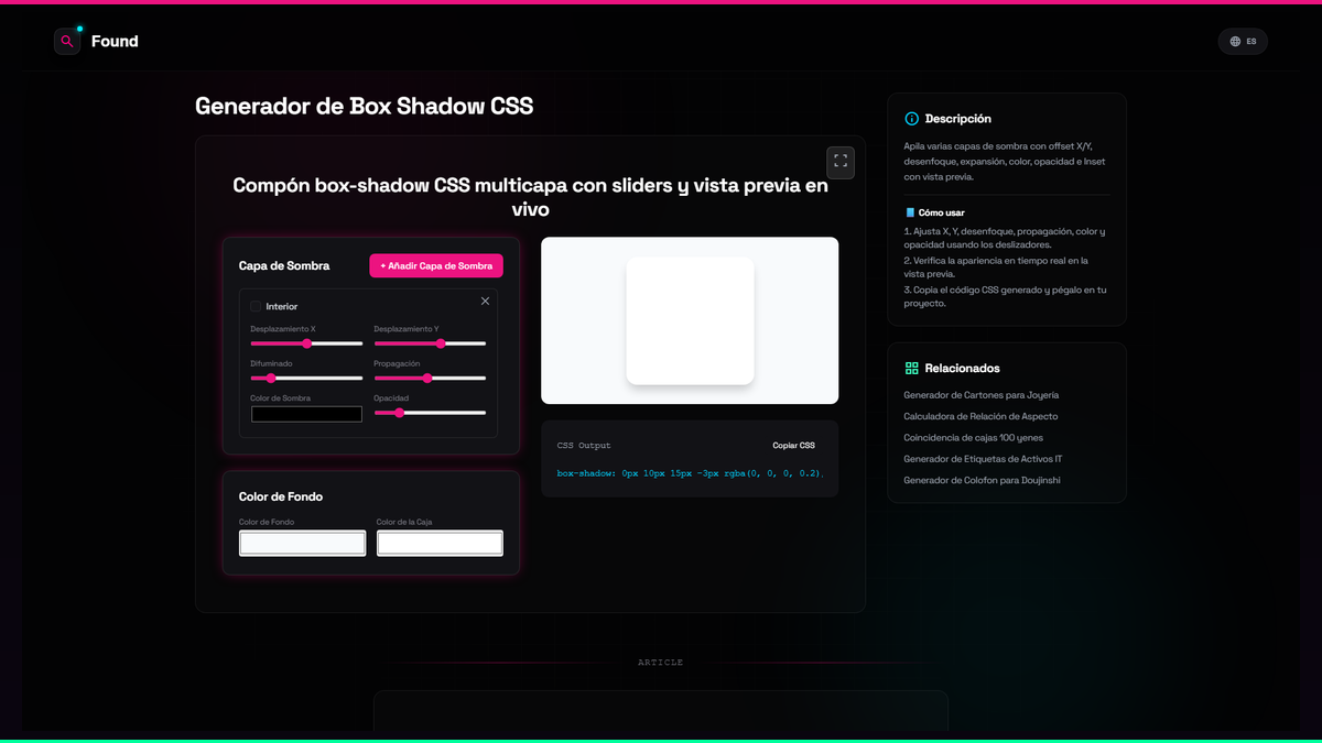 Generador de Box Shadow CSS - Found