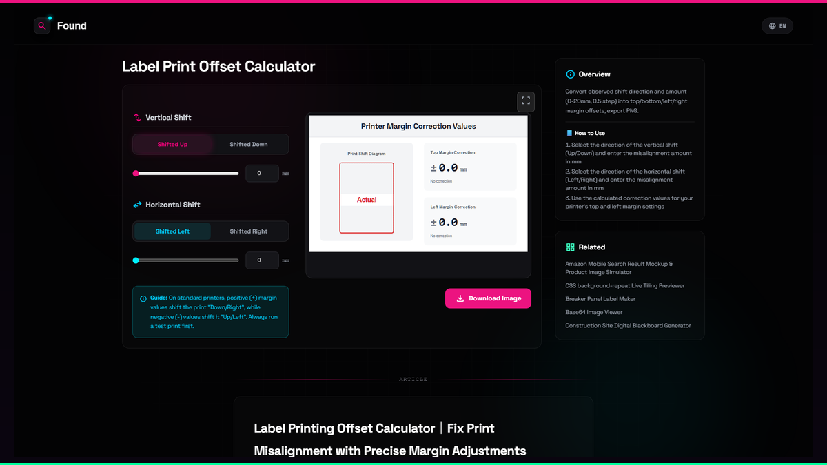 Label Print Offset Calculator - Found