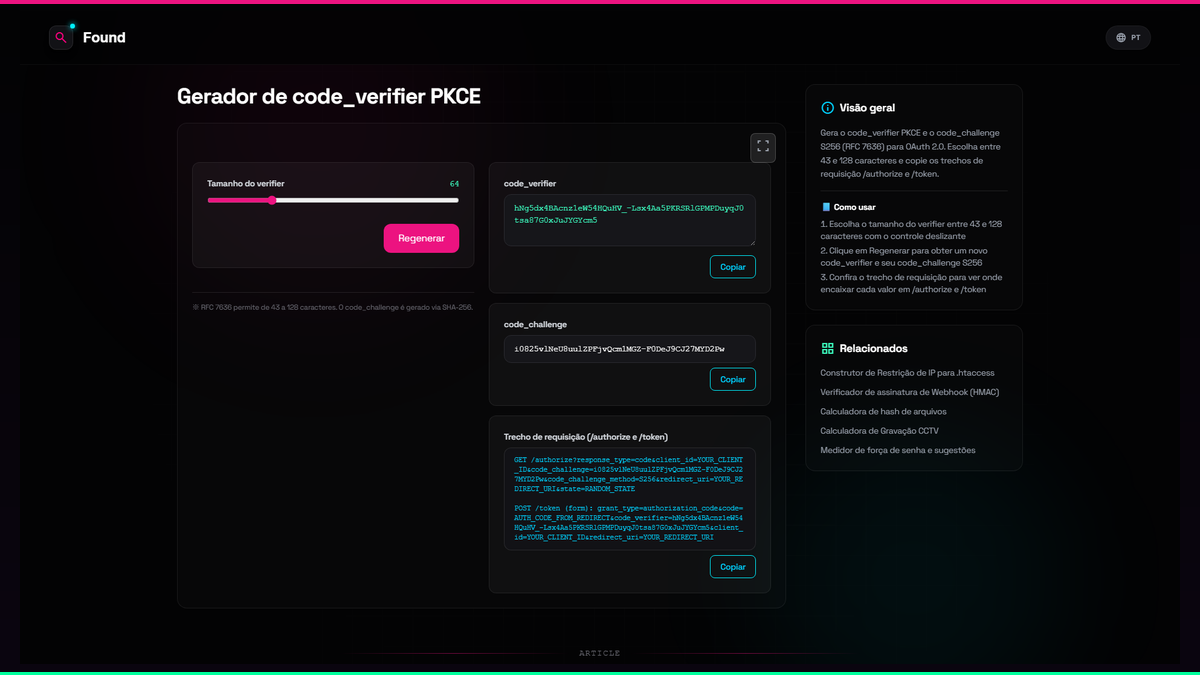 Gerador de code_verifier PKCE - Found