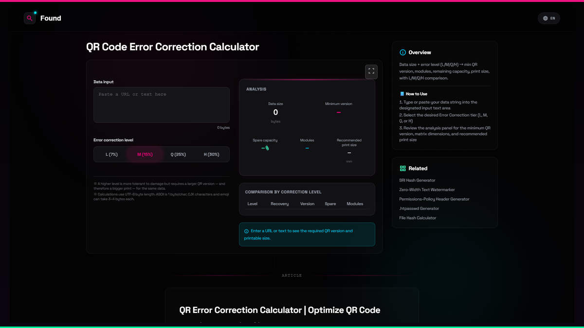 QR Code Error Correction Calculator - Found